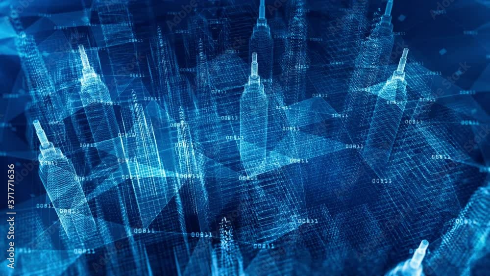 Digital City, Digital cyberspace with particles and Digital data ...