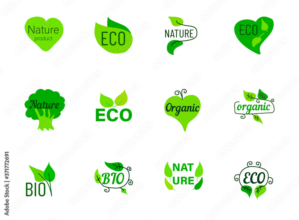 eco label doodles isolated on white. eco label icon set for web design ...