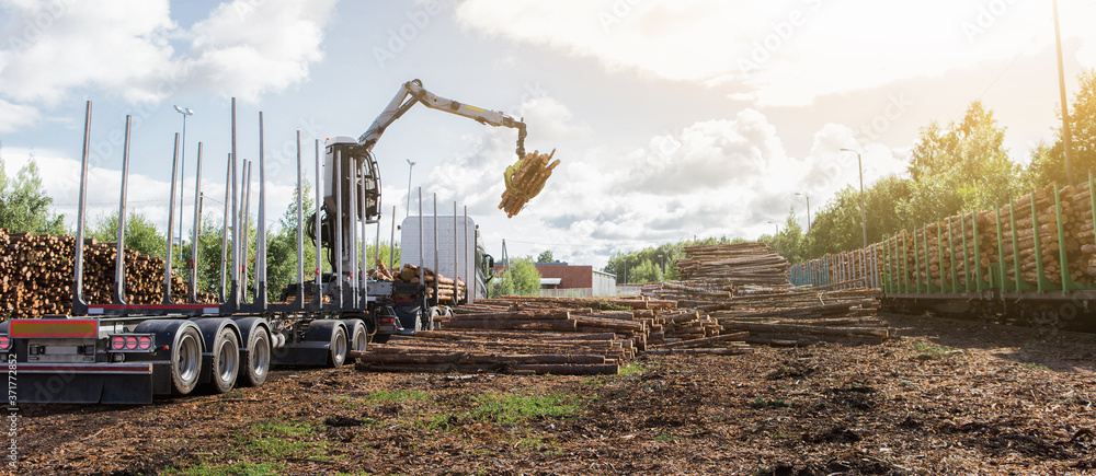 Loading of timber on railway carriages. Loader in work Stock Photo ...