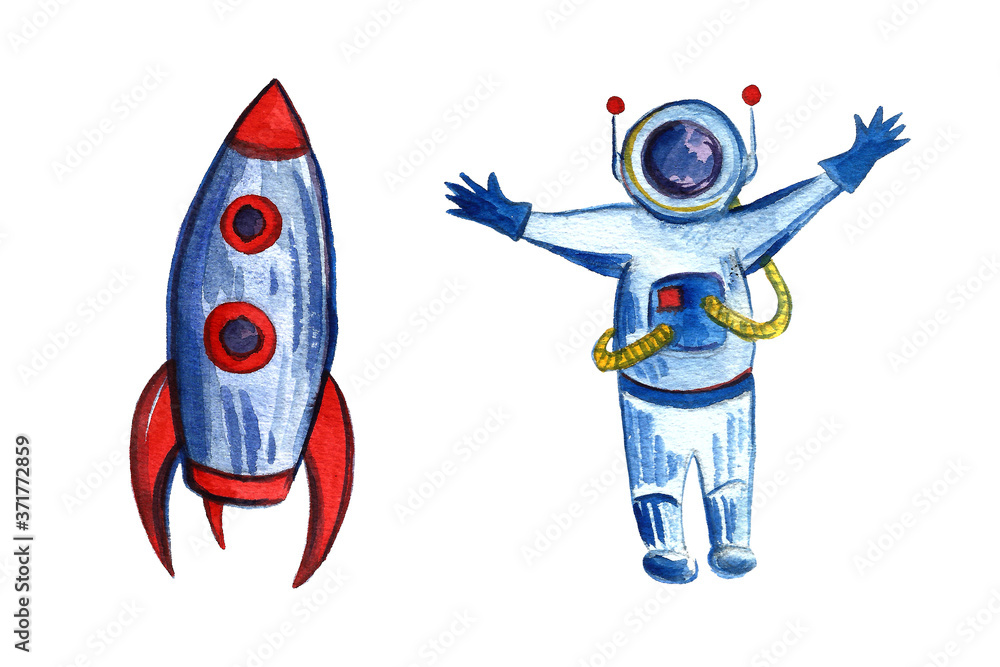 Watercolor space and astronautics illustration. Hand drawn background ...