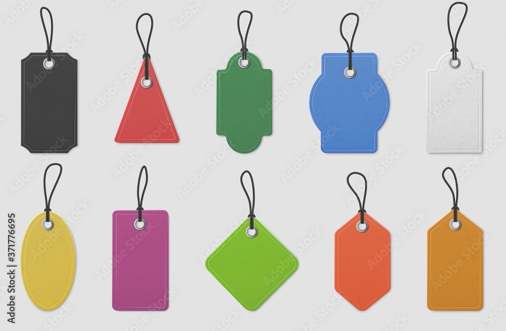 Color paper price tag labels. Realistic colored shopping hanging tags ...