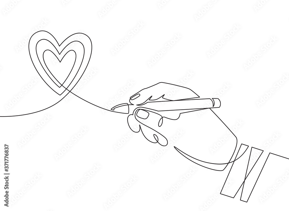 Hand pen and heart. Continuous one line hand drawing heart scribble ...