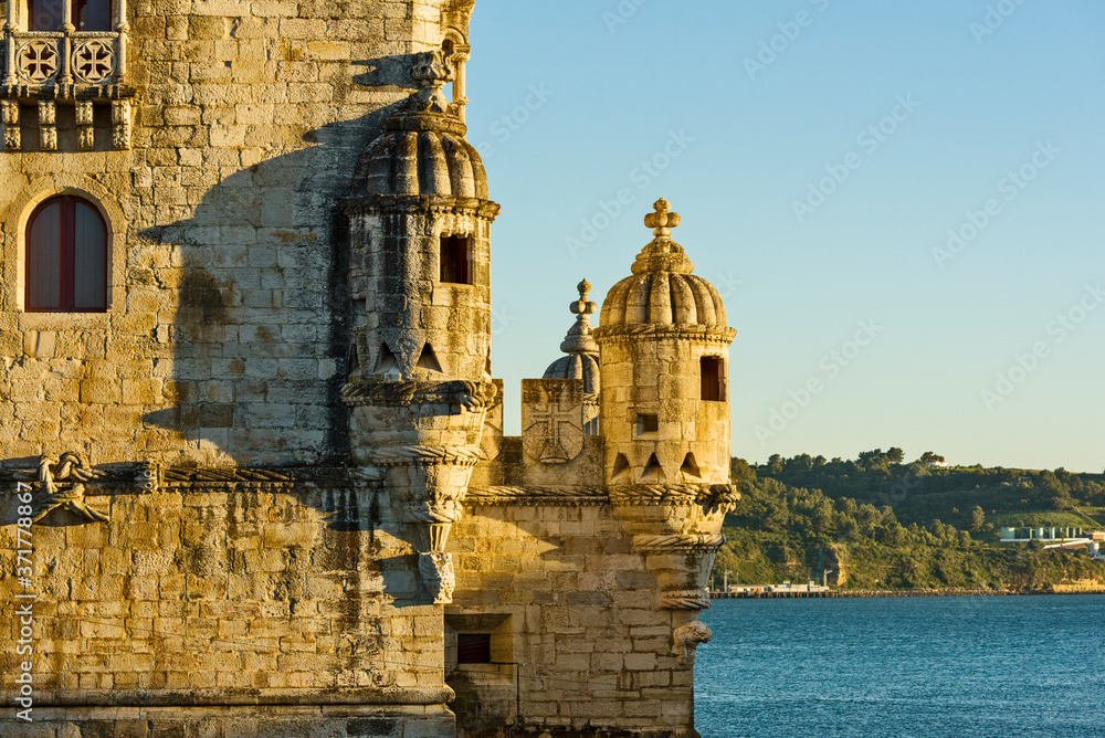 Bastion terrace with its Moorish turrets of the Belem Tower in Lisbon ...
