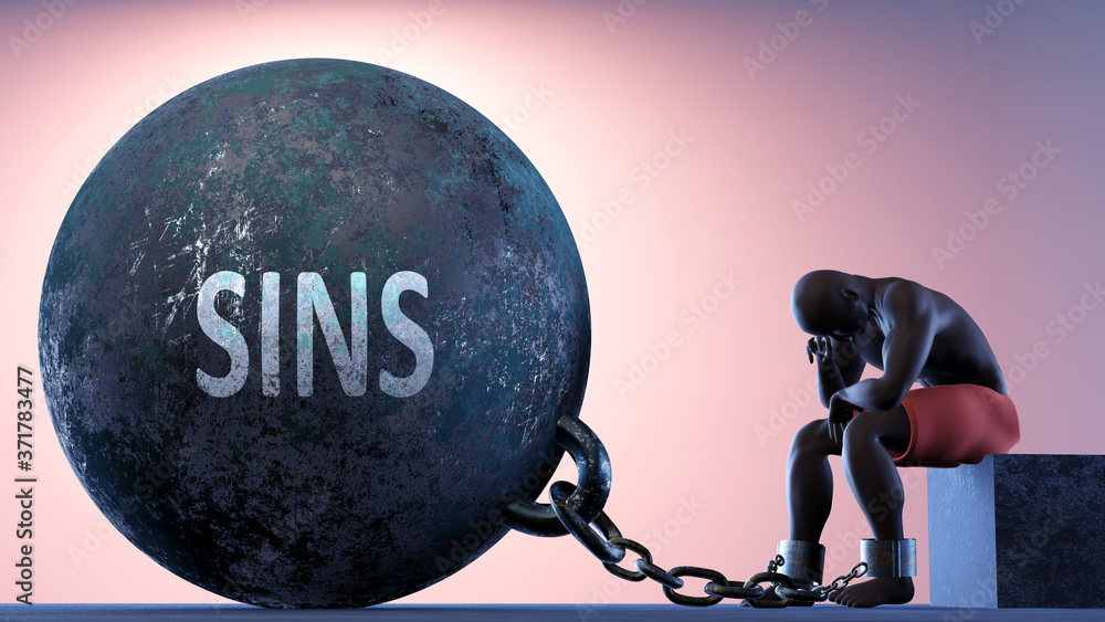 Sins as a heavy weight in life - symbolized by a person in chains ...