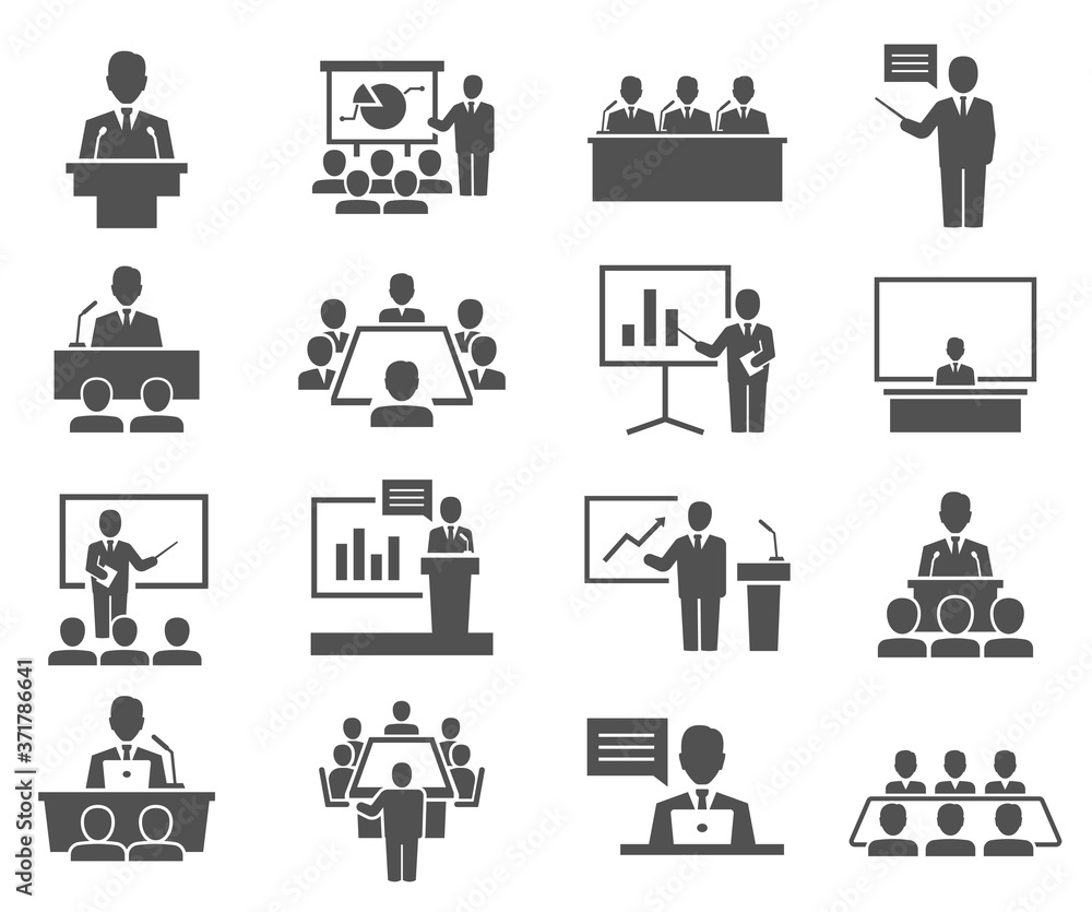 Conference, meeting icons set isolated on white. Business training ...