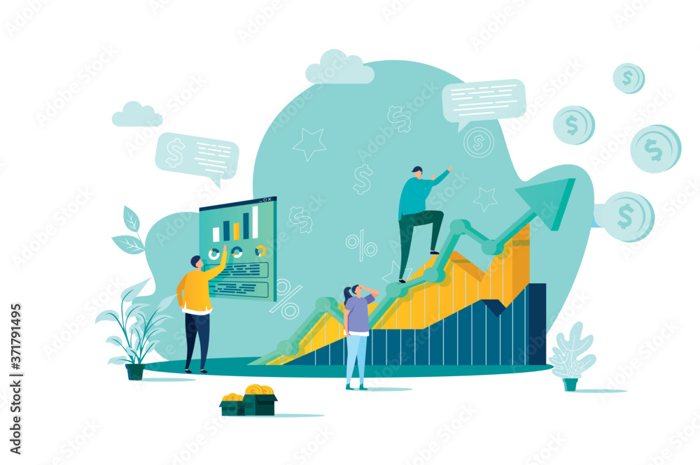 Sales management concept in flat style. Manager analyzing growing chart ...