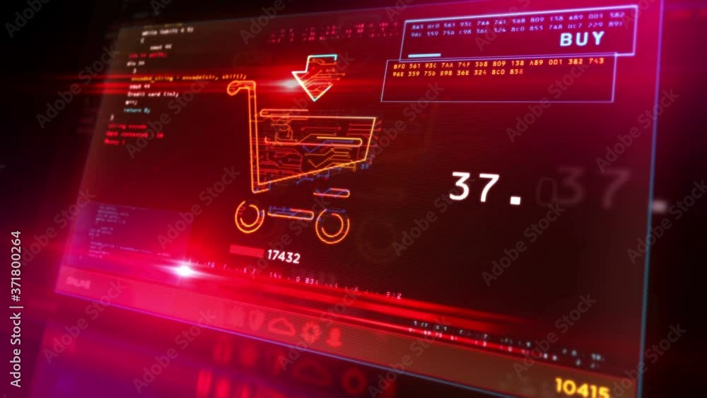 Online shopping with cart symbol on computer screen loop. Cyber ...