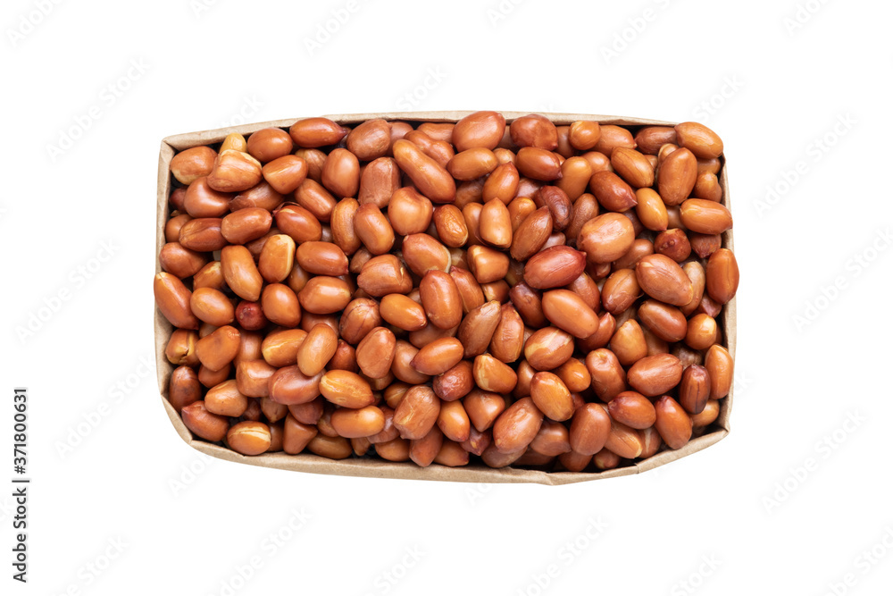 top view of roasted red skin peanuts in paper bag isolated on white ...