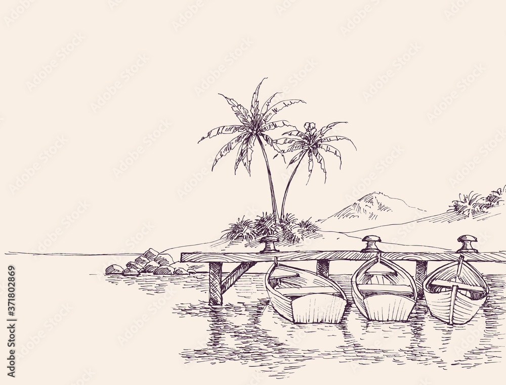 Wharf drawing, empty boats and palm trees on sandy beach Stock Vector ...