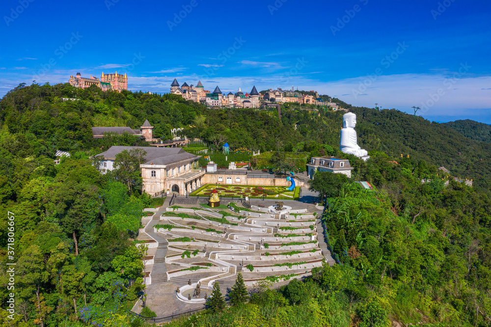 Aerial view of Linh Ung pagoda near the Golden Bridge is lifted by two ...