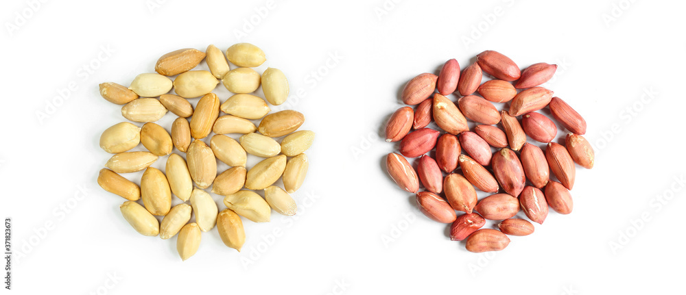 Peeled peanuts and peanuts in red husk. Two groups of nuts isolated on ...