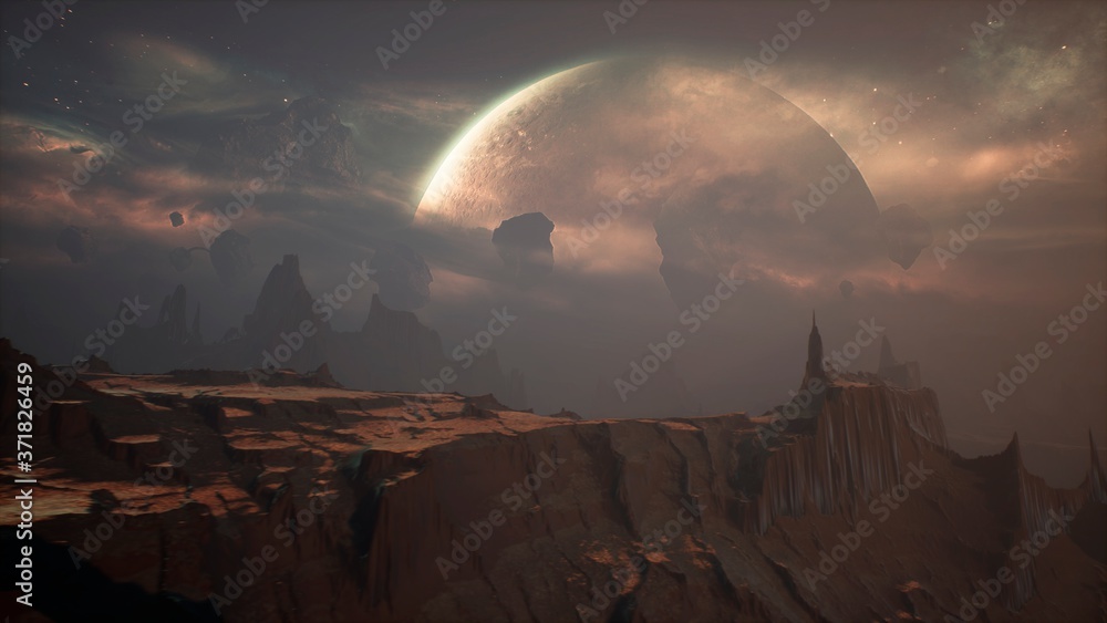 Panoramic landscape on the surface of an alien unusual planet. 3D ...