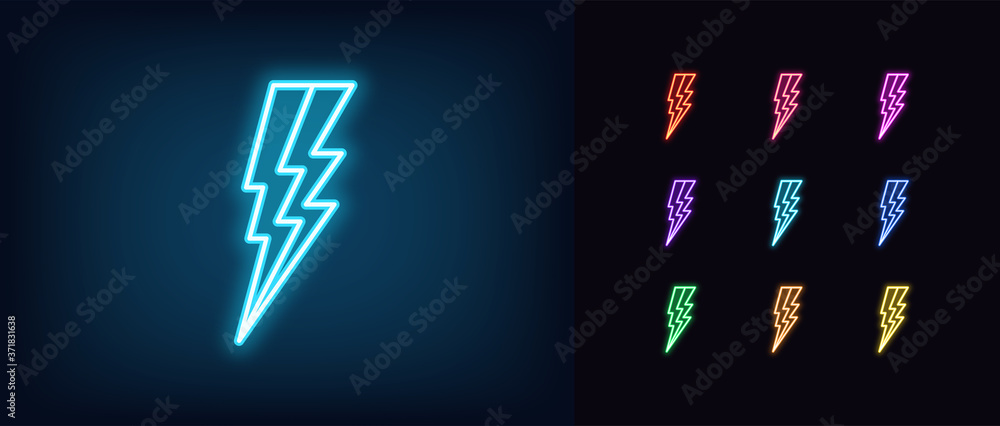Neon lightning bolt icon. Glowing neon thunder flash sign, electrical ...