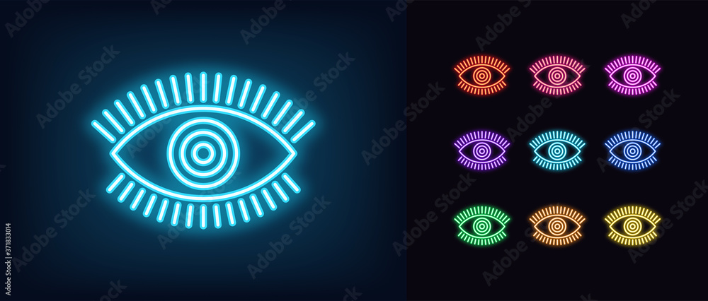 Neon magic eye icon. Glowing neon eye sign with circle iris, spiritual ...