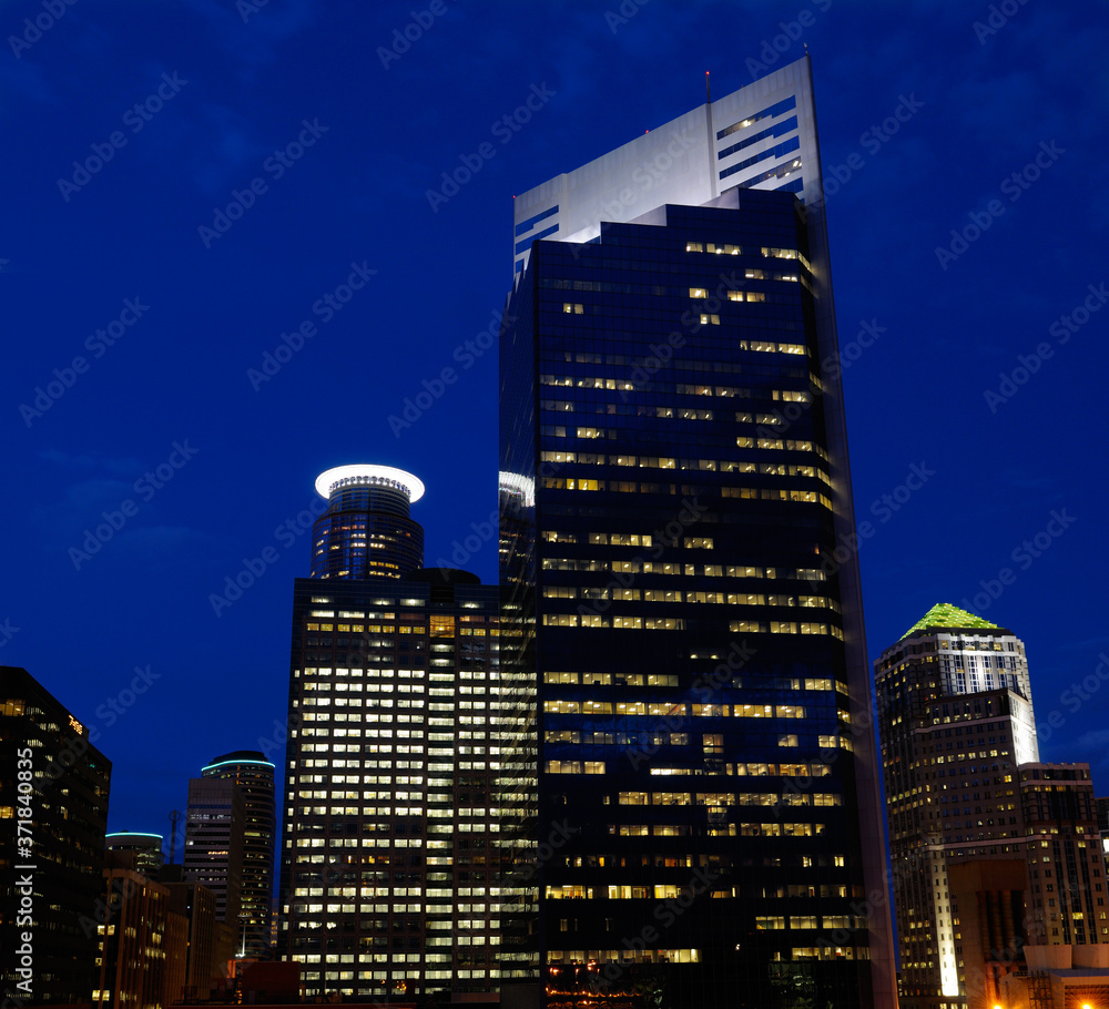 Indigo sky nightscape of downtown Minneapolis highrise tower lights at ...
