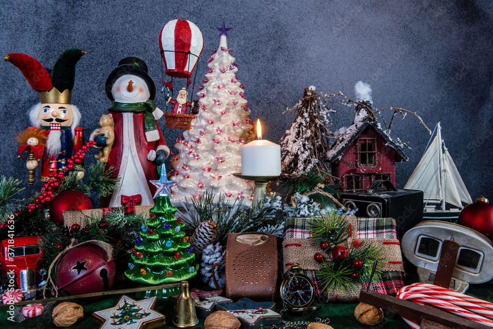 vintage Christmas presents and decorations including old camera and ...