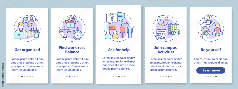 Student selfcare onboarding mobile app page screen with concepts ...