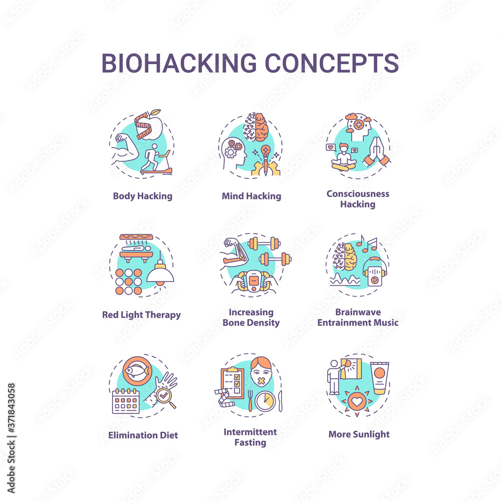 Biohacking concept icons set. DIY biology, health improvement idea thin ...