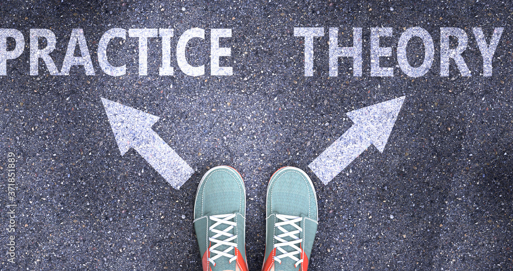 Practice and theory as different choices in life - pictured as words ...