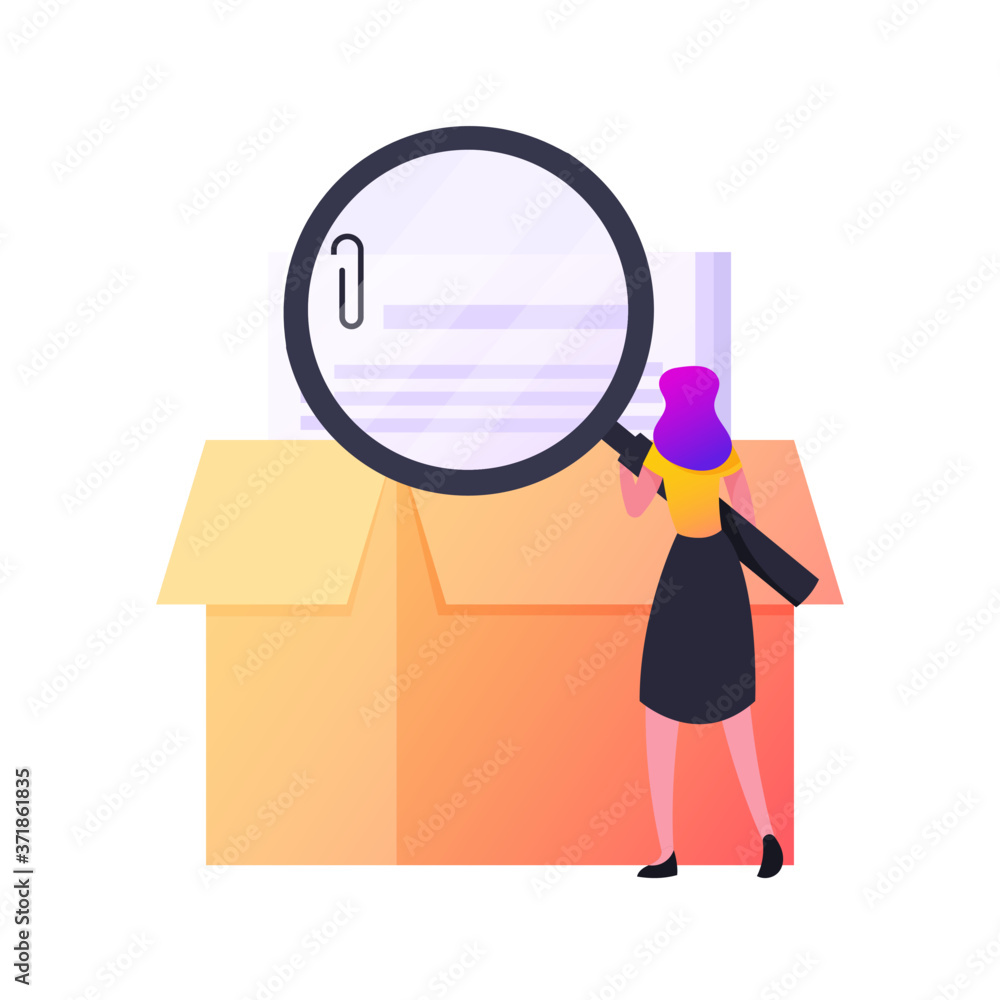 Tiny Female Character with Huge Magnifying Glass Reading Paper Document ...