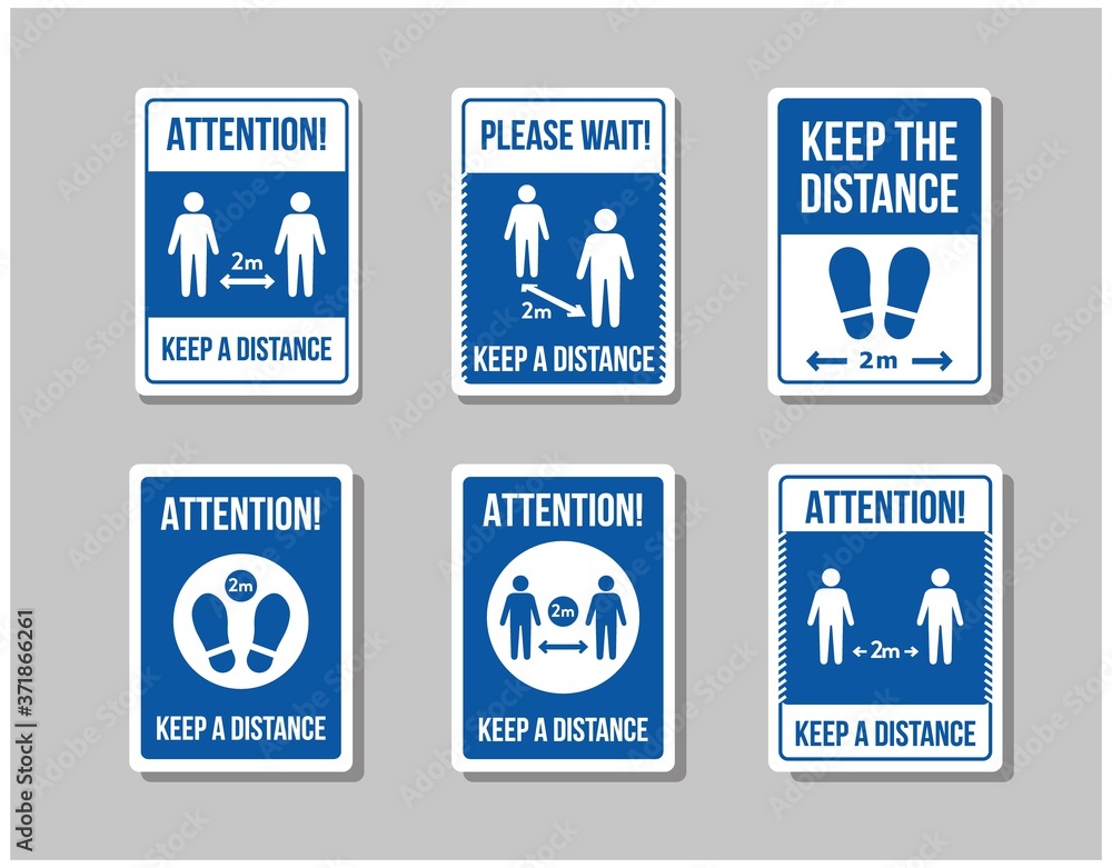 Attention, Keep social distance sign set. Stop Covid-19 infection ...