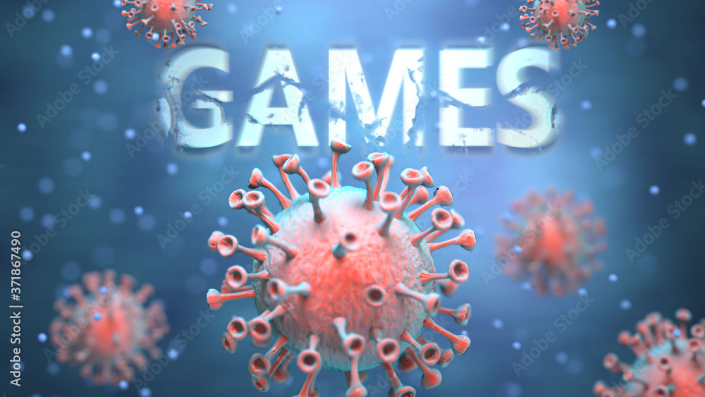 Covid and games, pictured as red viruses attacking word games to ...