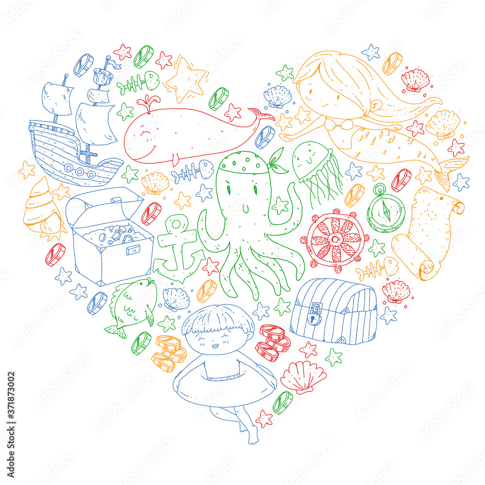 Vetor de Vector icons of sea ocean adventure for little children ...