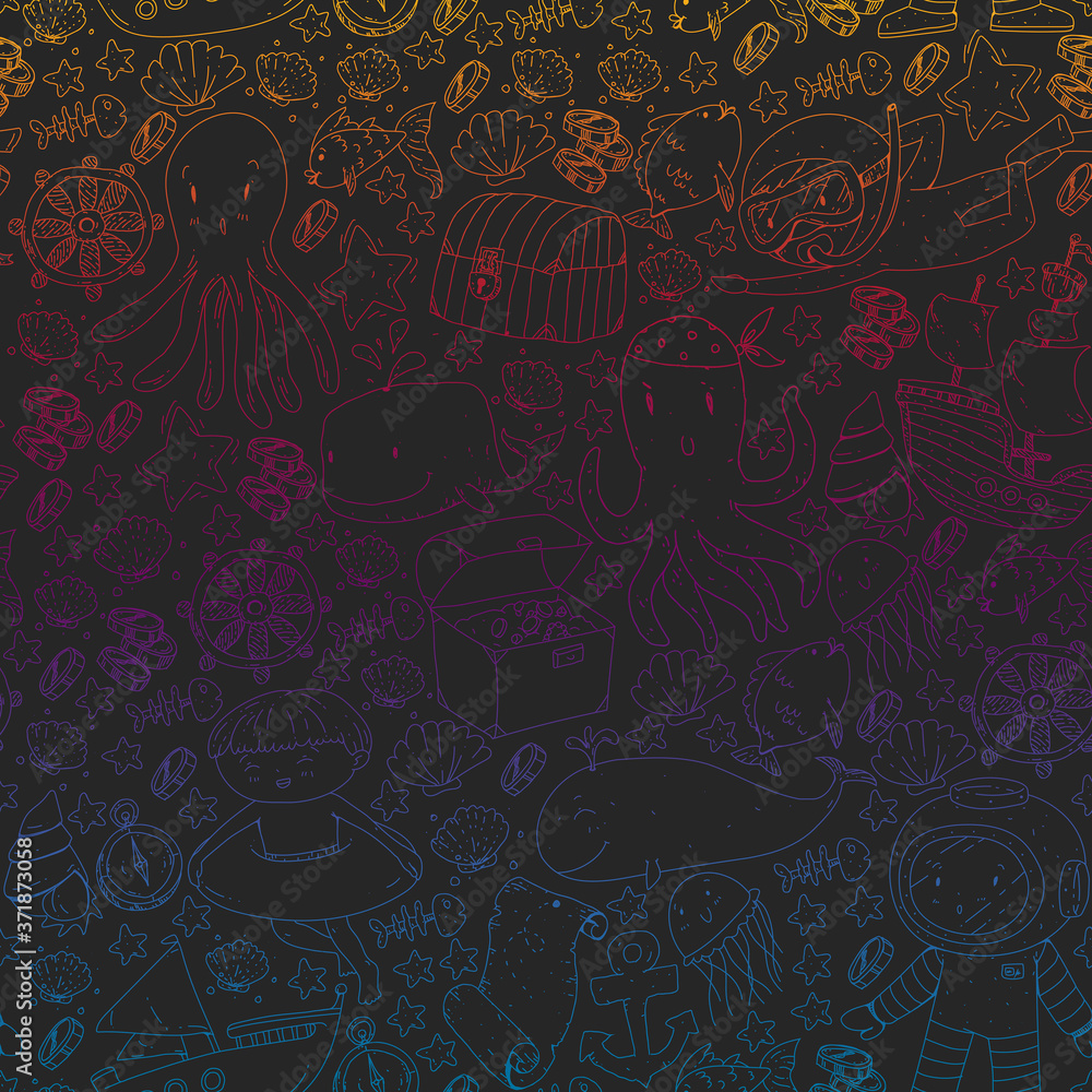 Vector icons of sea ocean adventure for little children. Nautical ...