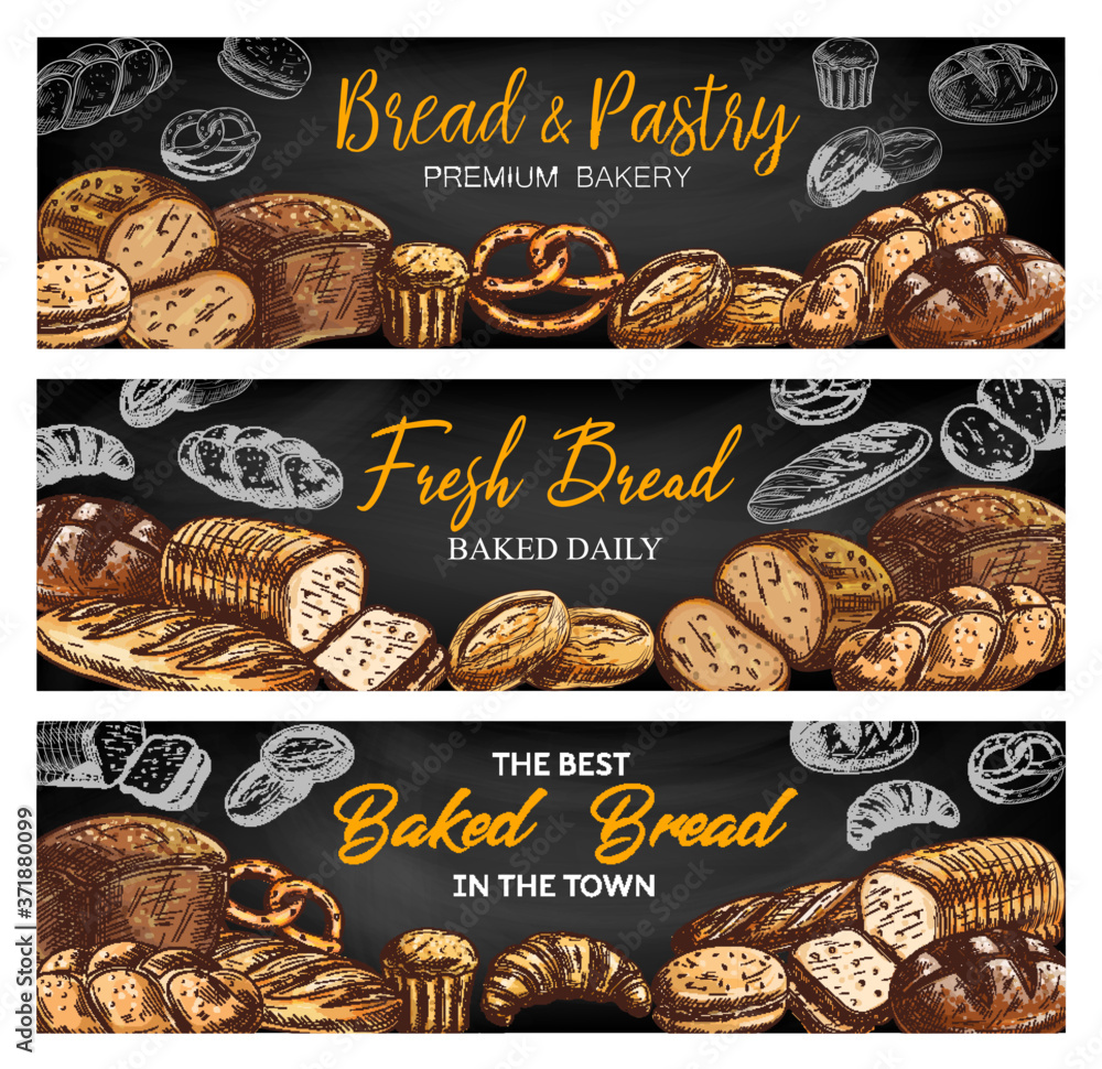Bread and bakery shop chalkboard sketch vector banners. Rye cob ...