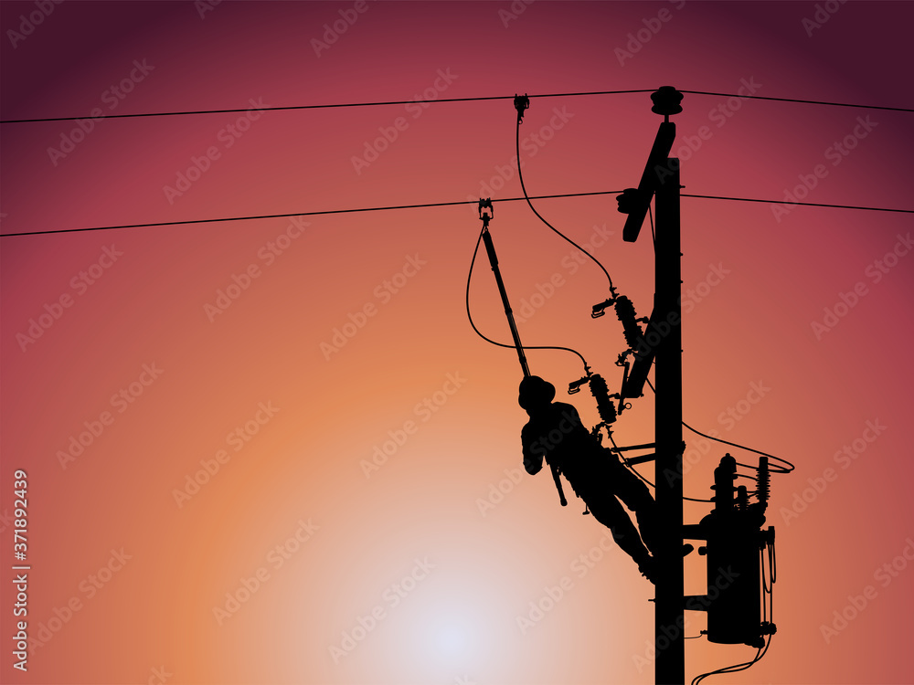 Vetor de Power outage concept : Lineman is releasing the electricity of ...