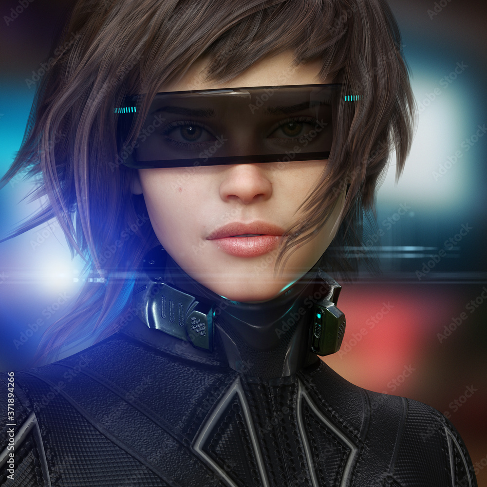 Portrait of a futuristic sci fi female wearing a tactical jump suit and ...