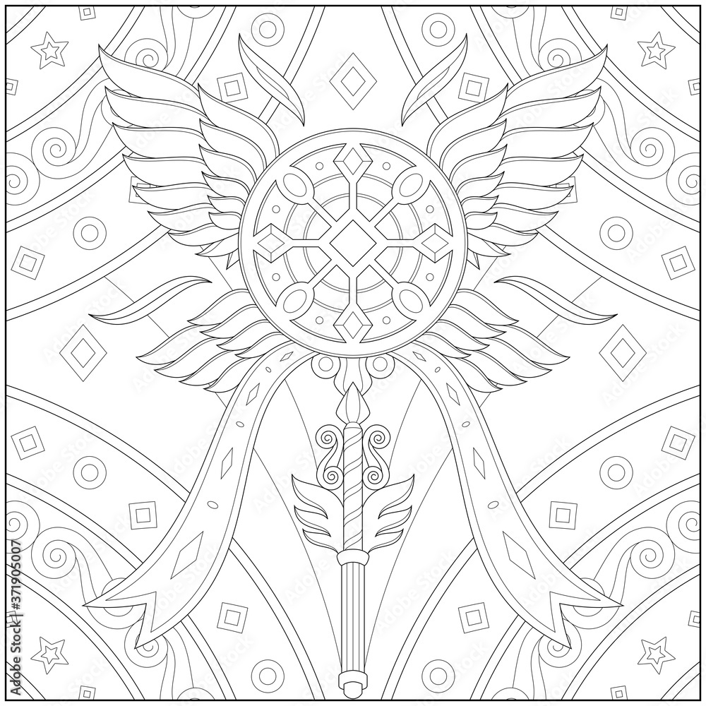 Fantasy wings staff, Adult and kid coloring page in stylish vector ...