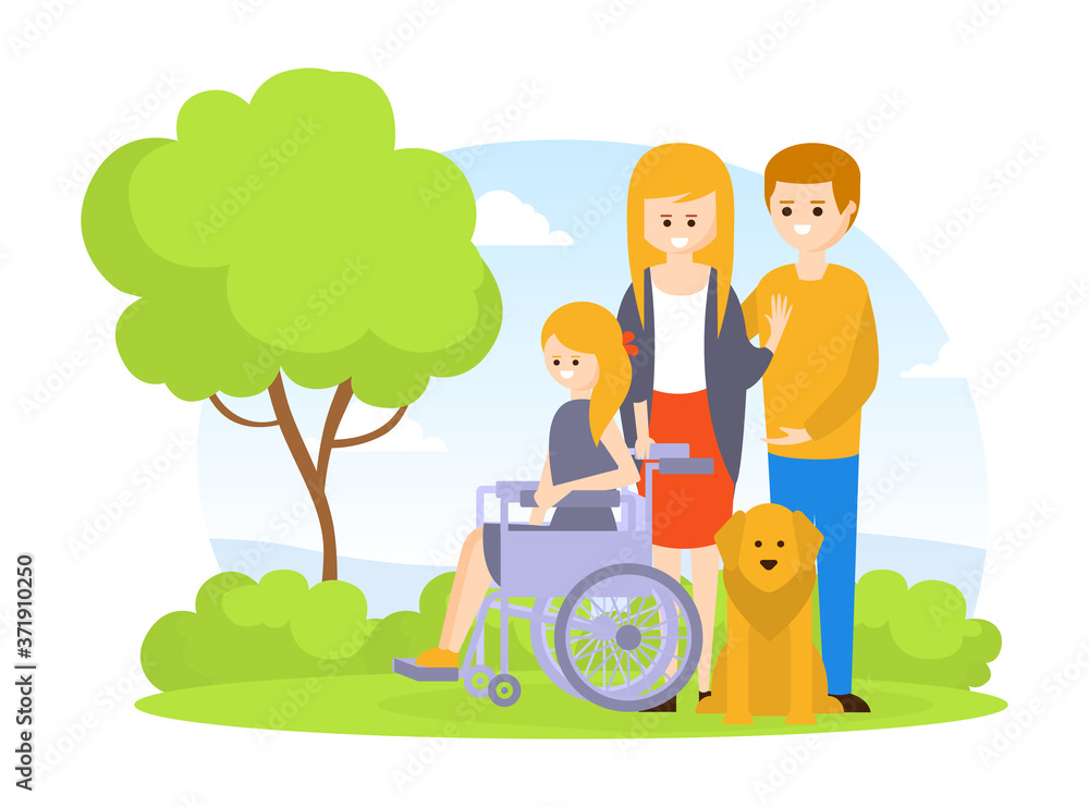 Family and Handicapped Daughter Walking Outdoors, Disabled Girl in ...