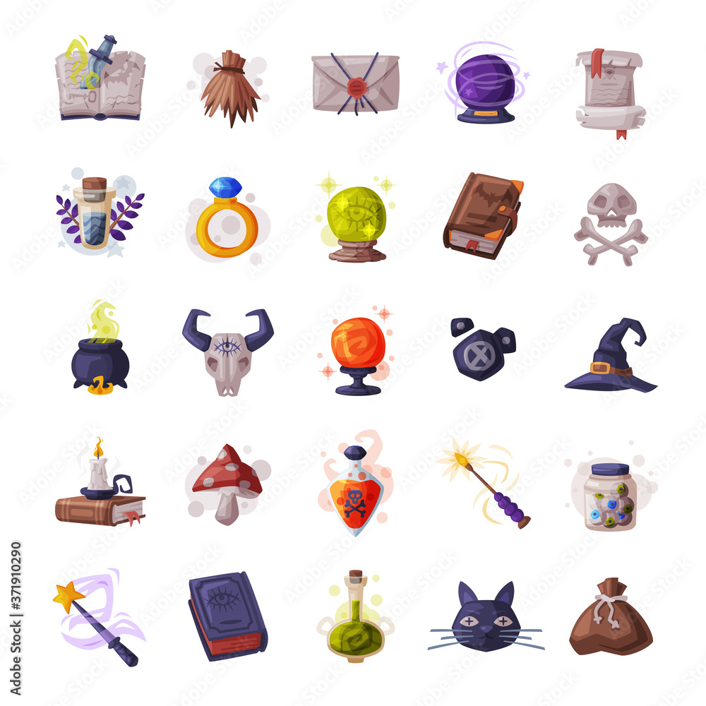 Collection of Occult Objects for Mystic Rituals, Dagger, Magic Book ...