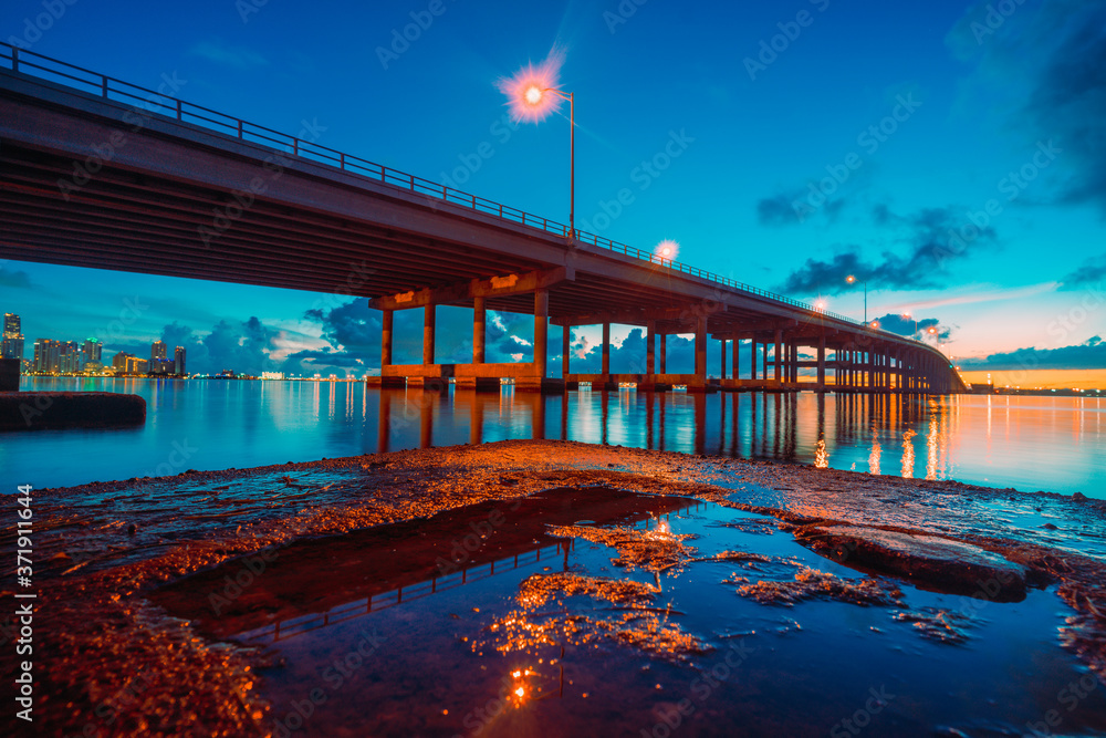 sunrise over the bridge sea reflection sky miami Key Biscayne florida ...