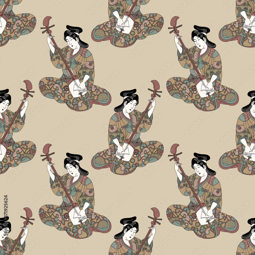 Seamless ethnic pattern with Japanese women in kimono playing shamisen ...