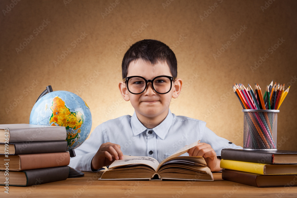 cute little boy schoolboy doing homework at a table with books ...