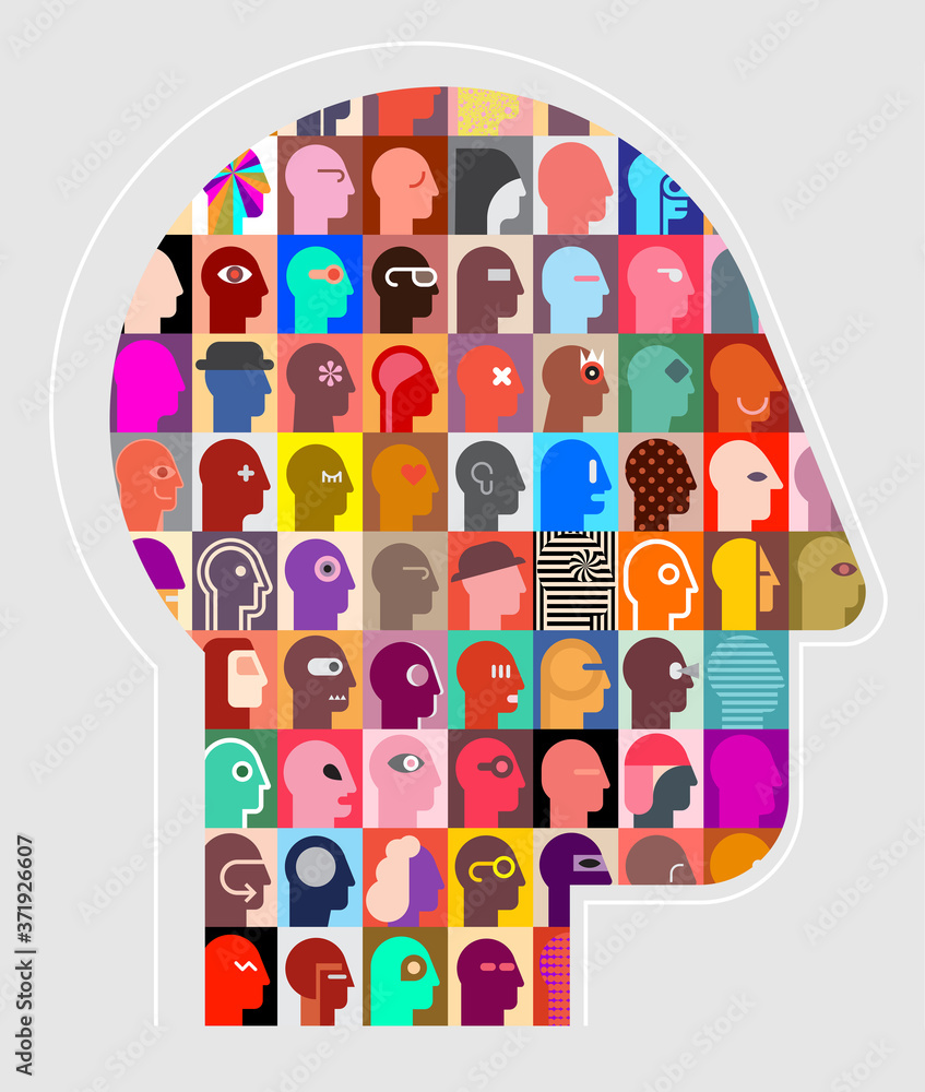 Human head shape design consisting with a different people portraits ...
