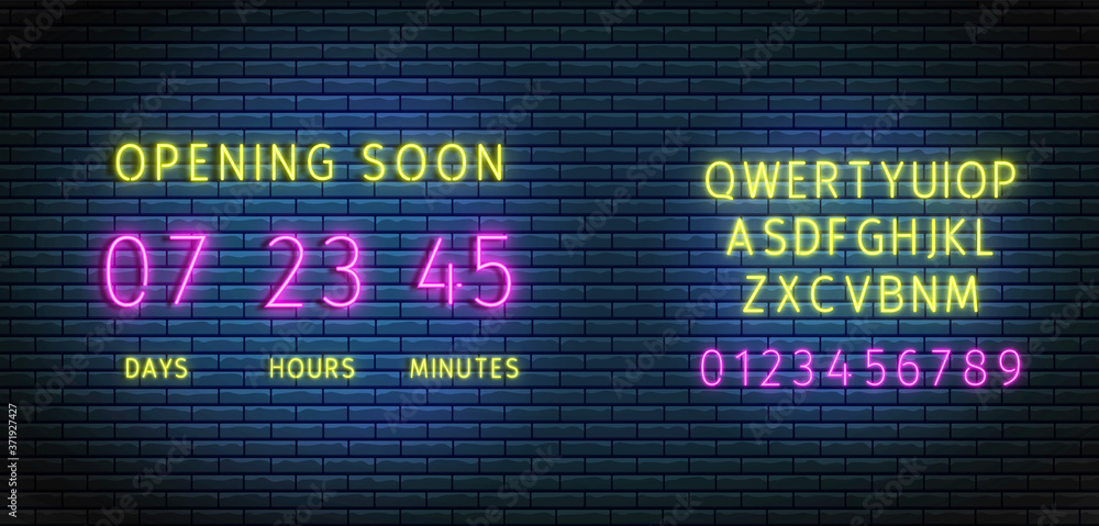 Neon clock counter. Countdown timer wiht font. Vector. Openig soon ...