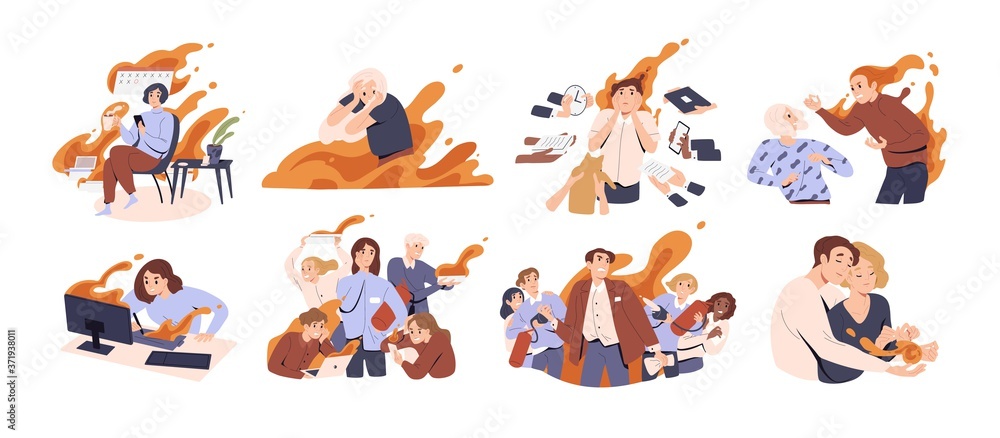 Set of different people in fire vector flat illustration. Collection of ...