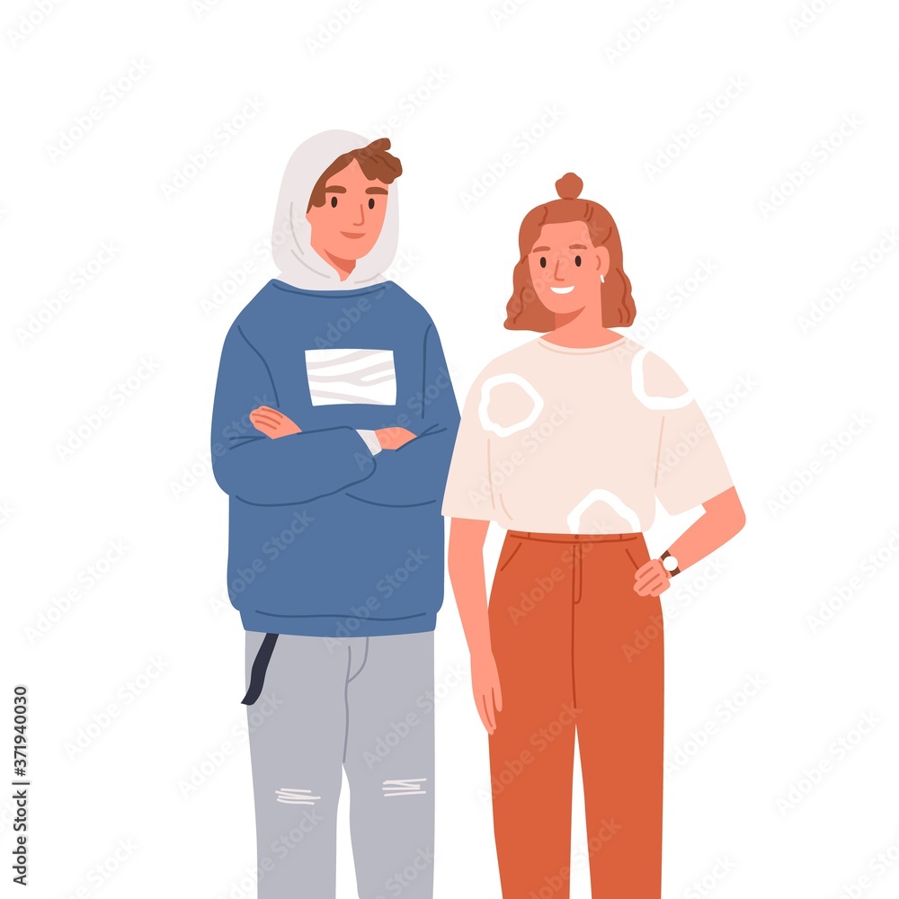 Vecteur Stock Smiling modern teenagers pair vector flat illustration ... Vecteur Stock Smiling modern teenagers pair vector flat illustration ...