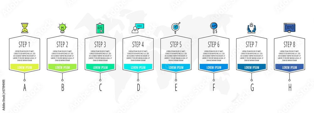 Vector infographics with 8 steps, labels. Line template. Used for ...