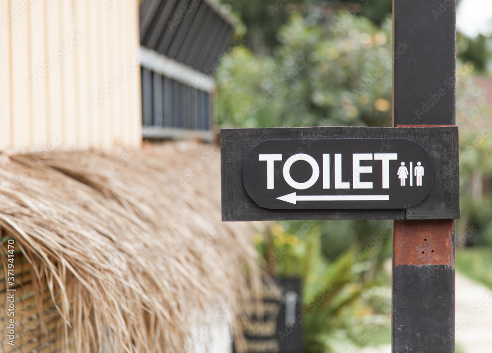 Label of symbol of toilet for men and women on blue plate, direction ...