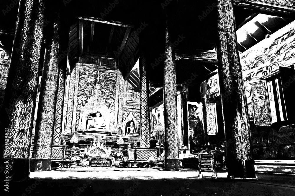Ancient buddha statue illustration creates a black and white style of ...