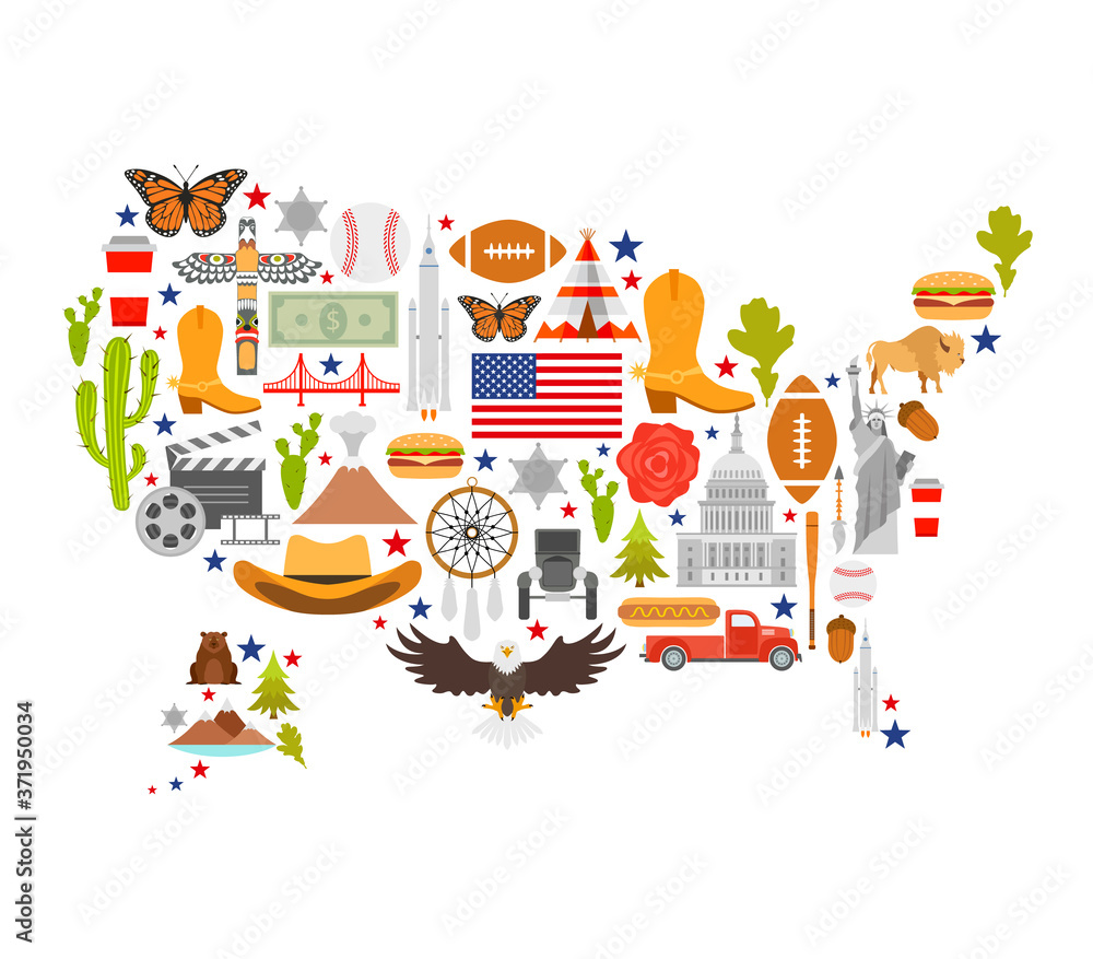 USA map silhouette made from country symbols. Travel map in flat style ...
