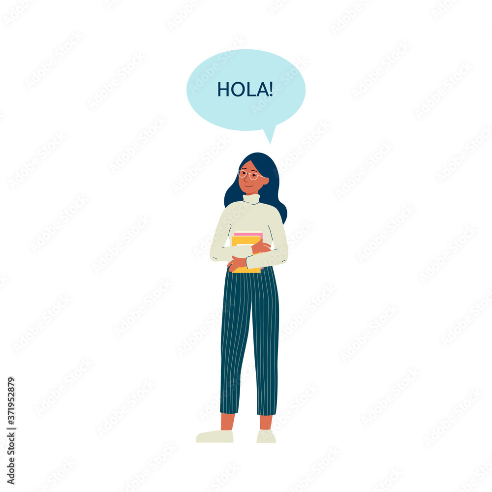 Spanish girl or young woman cartoon character saying Hola, flat vector ...