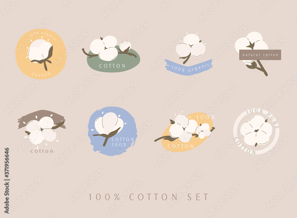 Set of cotton vector labels/tags. Hand drawn, typographic style icons ...