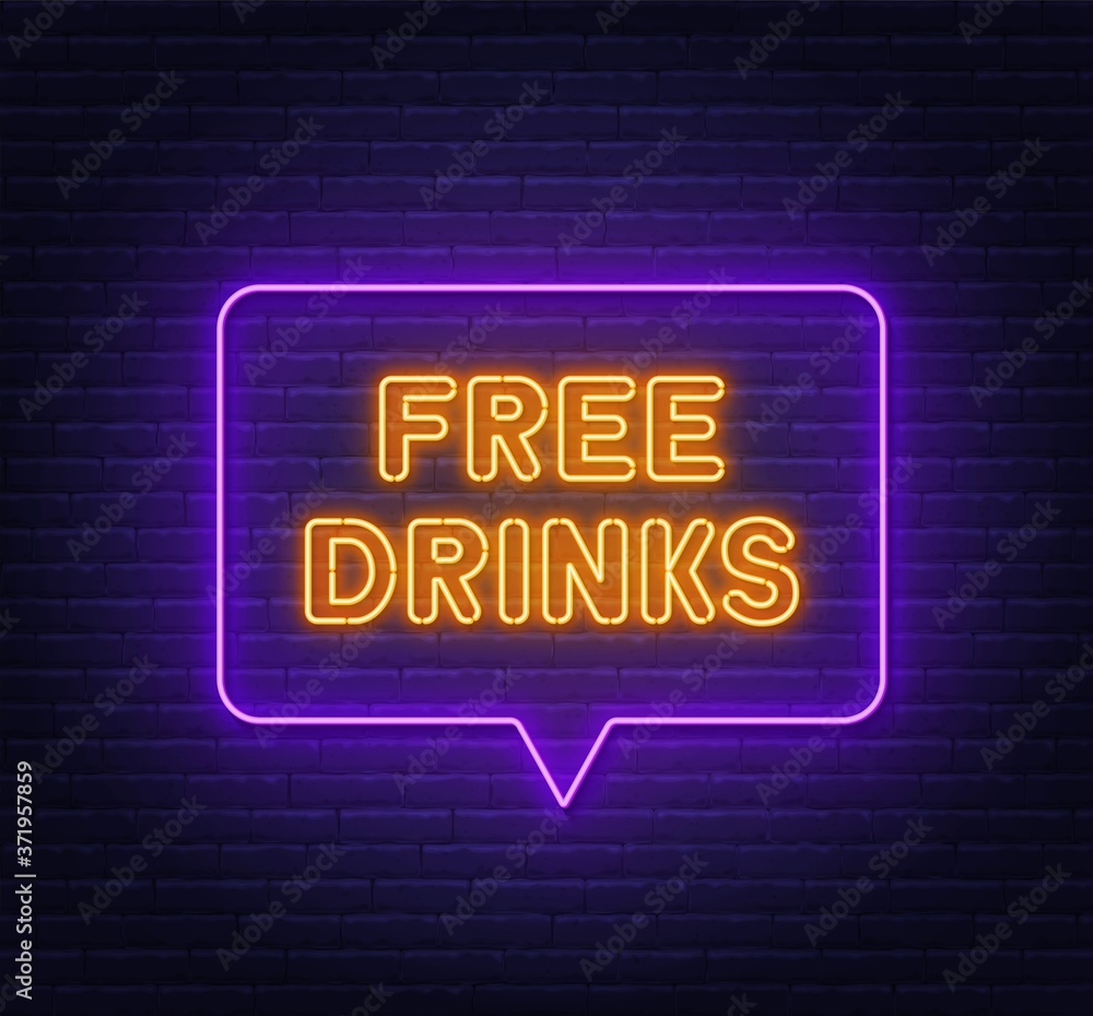 Free drinks neon sign in speech bubble frame on brick wall background ...