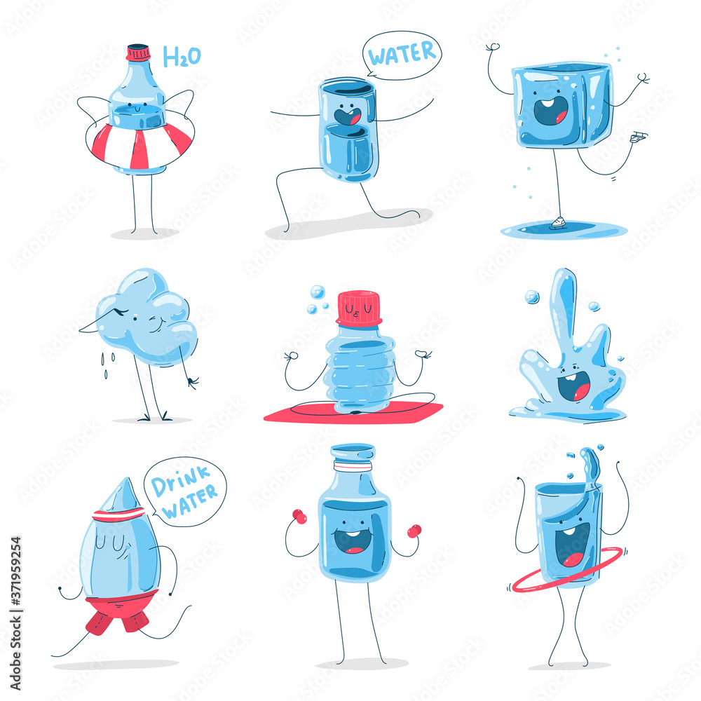 Cute water characters vector cartoon set isolated on a white background ...