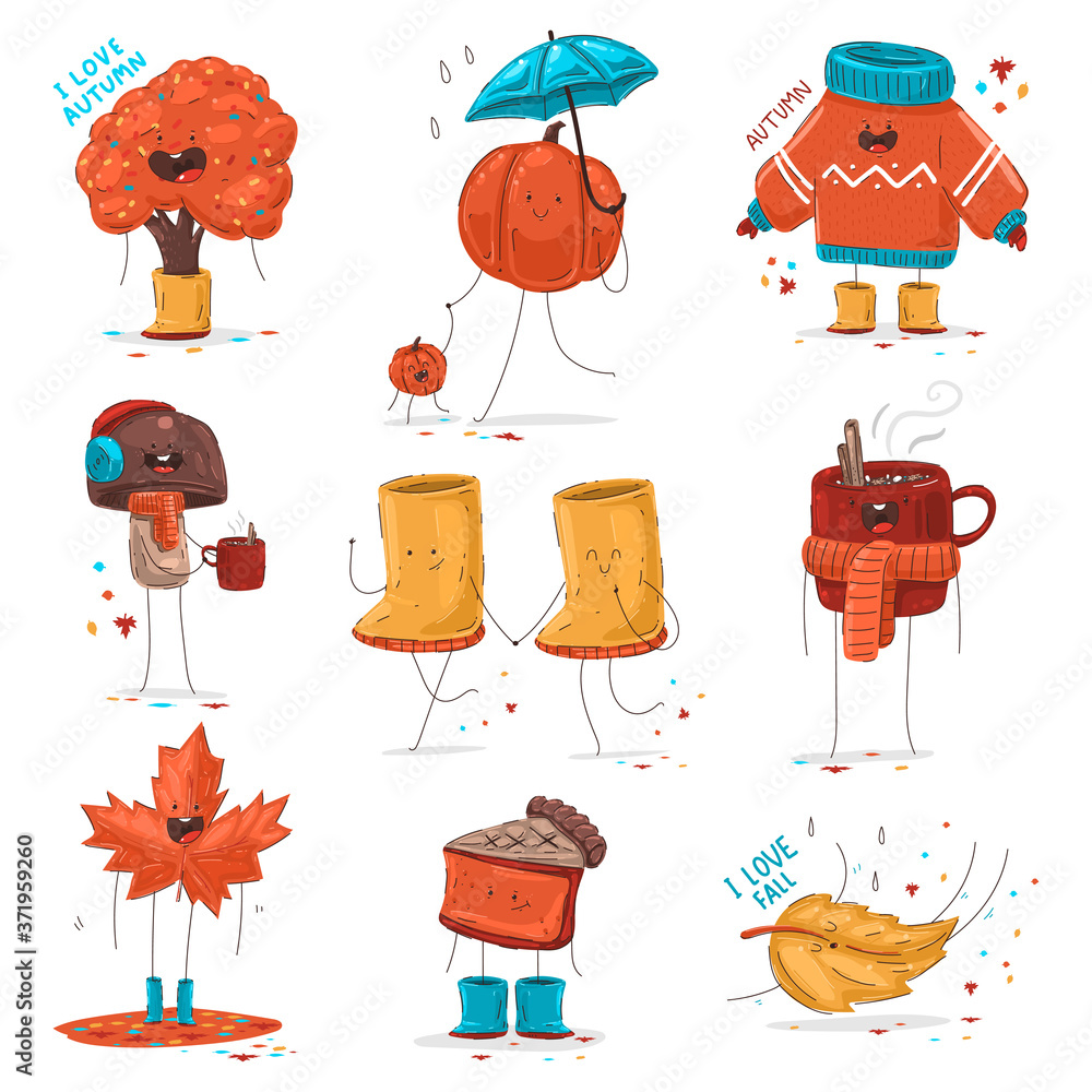 Autumn cute and funny vector cartoon characters set isolated on a white ...